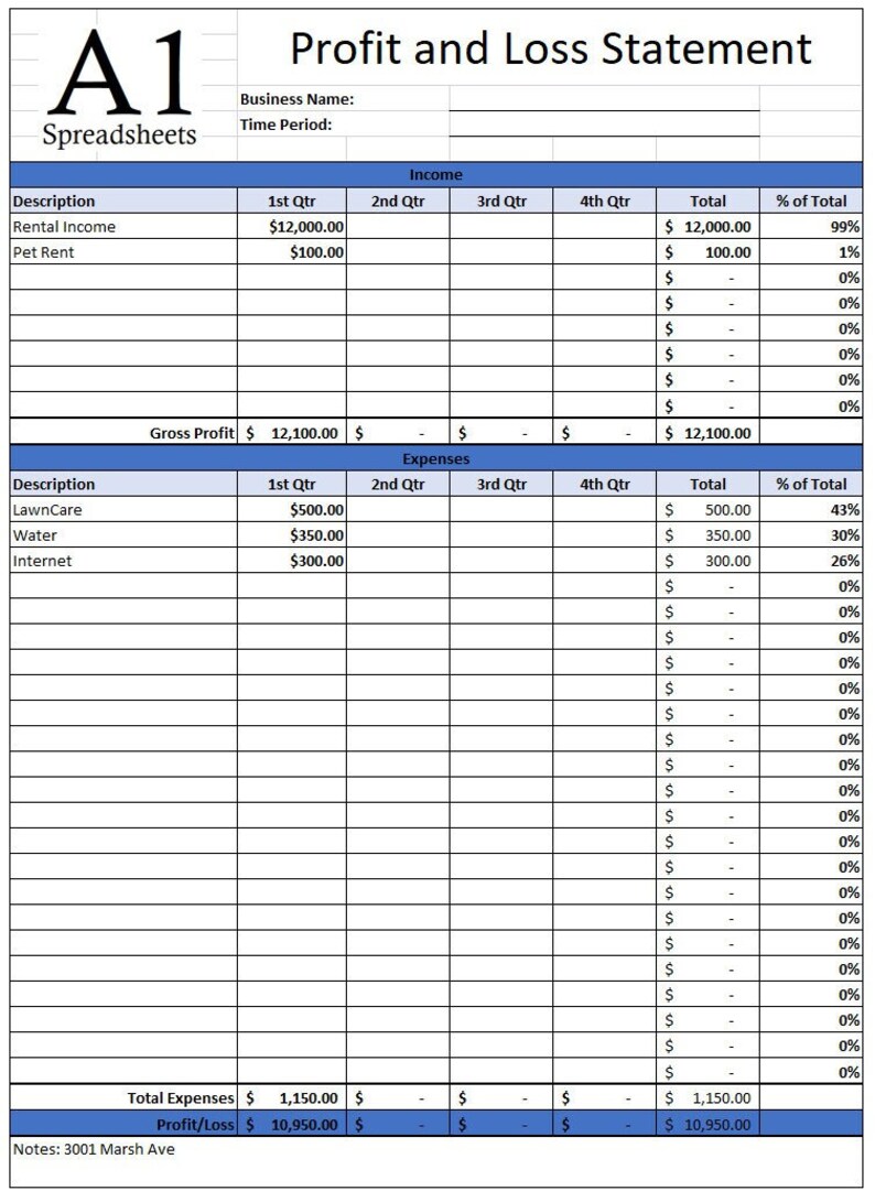 Simple Quarterly Profit and Loss Statement Template - Etsy
