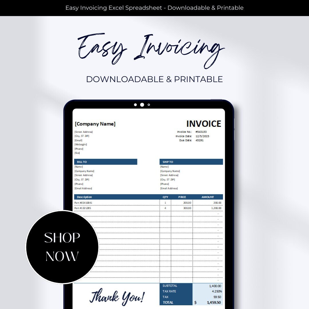 Easy Invoicing Excel Spreadsheet - Downloadable & Printable - Etsy