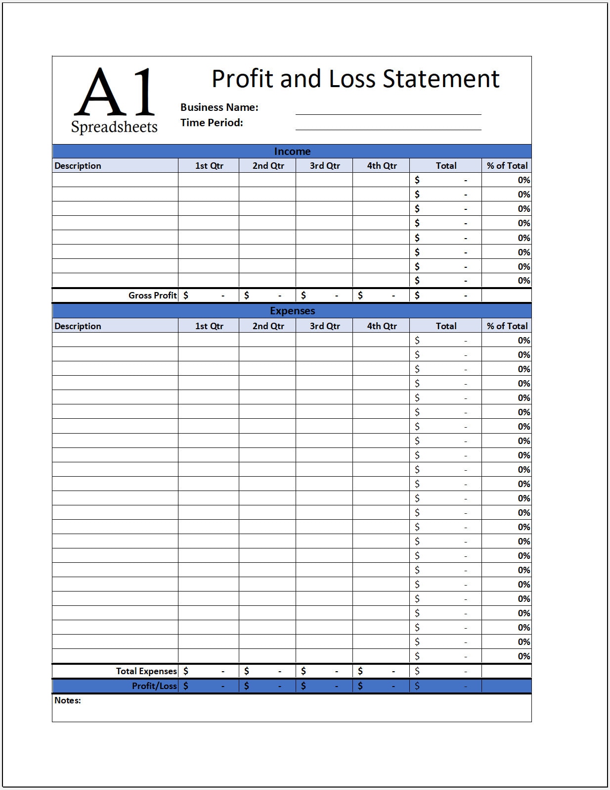 Simple Quarterly Profit and Loss Statement Template - Etsy