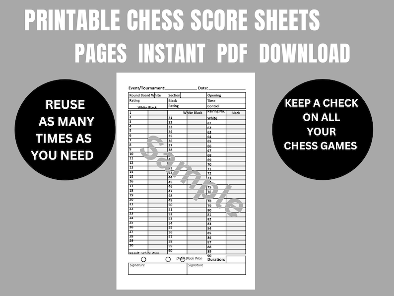 Chess Printable Score Sheets Instant Download PDF or JPEG 10 Sheets ...
