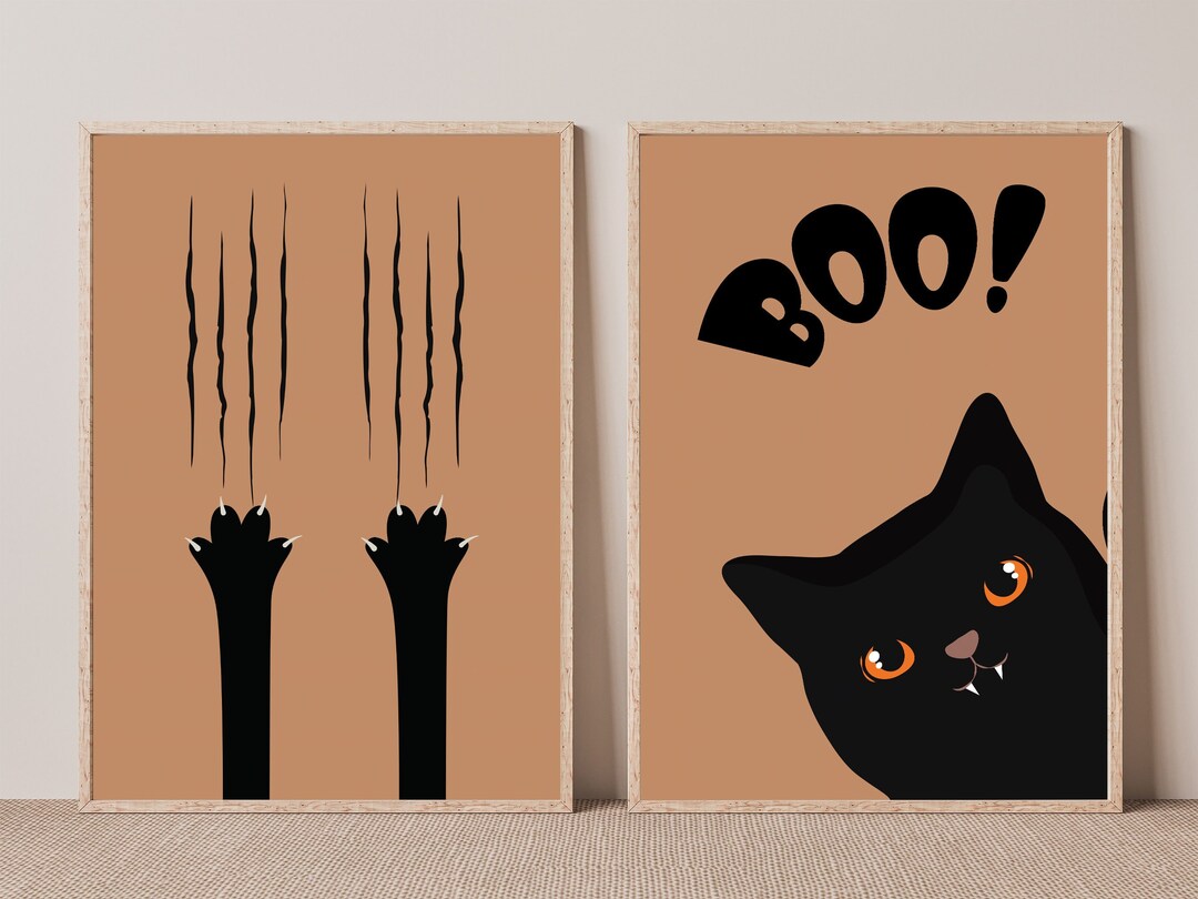 Set of Two Halloween Black Cat Printable Wall Art, Minimal Halloween ...