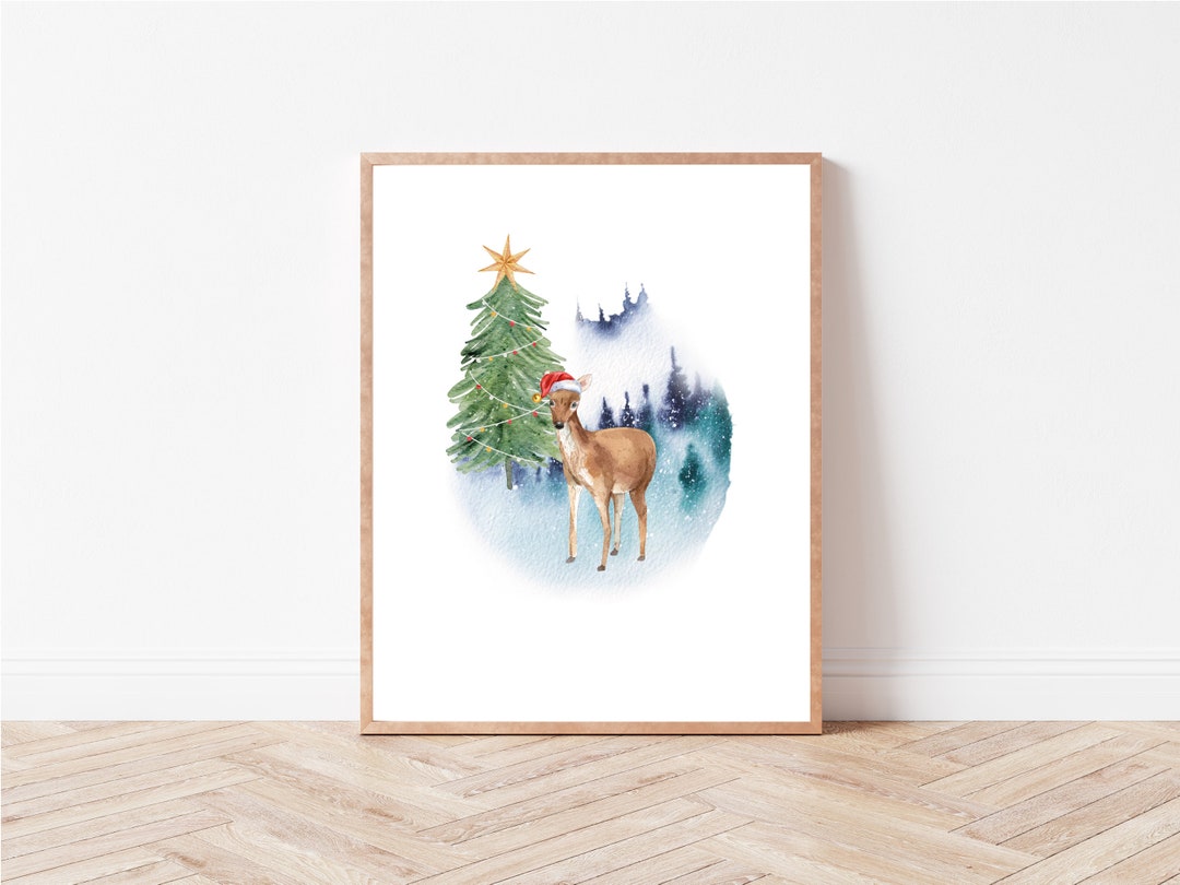 Christmas Deer Printable Art Print, Watercolor Christmas Deer Print ...