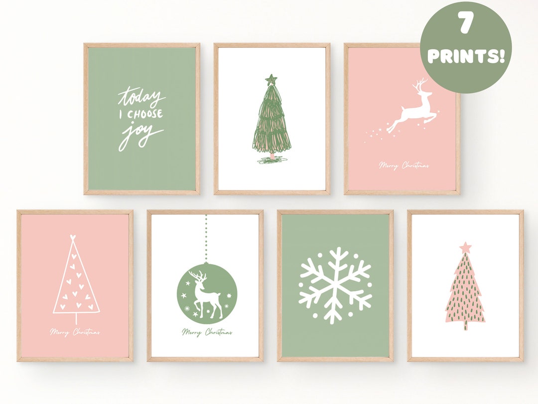 Pink Christmas Set of 7 Printables, Gallery Set of 7 Christmas Wall Art ...