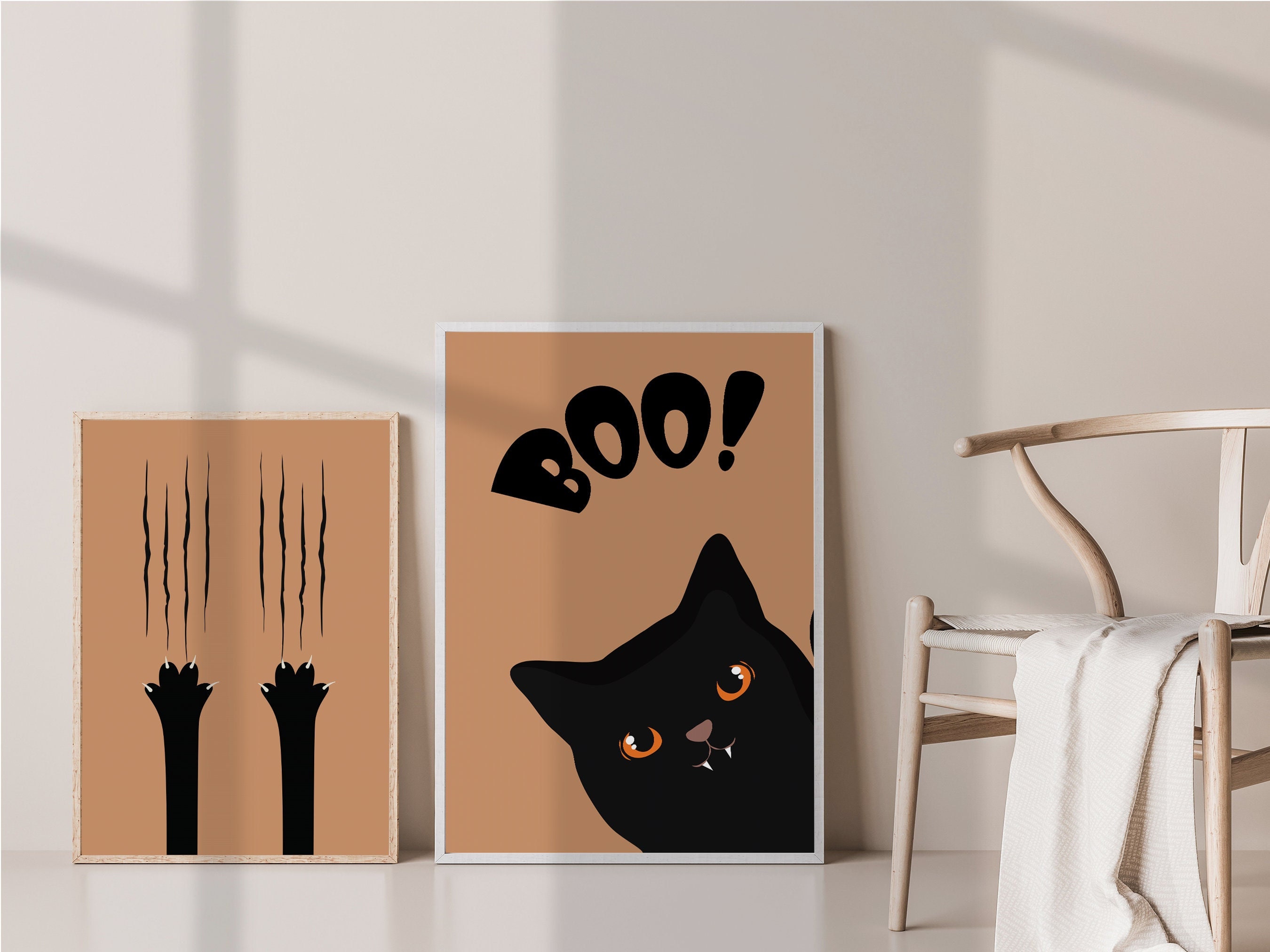 Set of Two Halloween Black Cat Printable Wall Art, Minimal Halloween ...