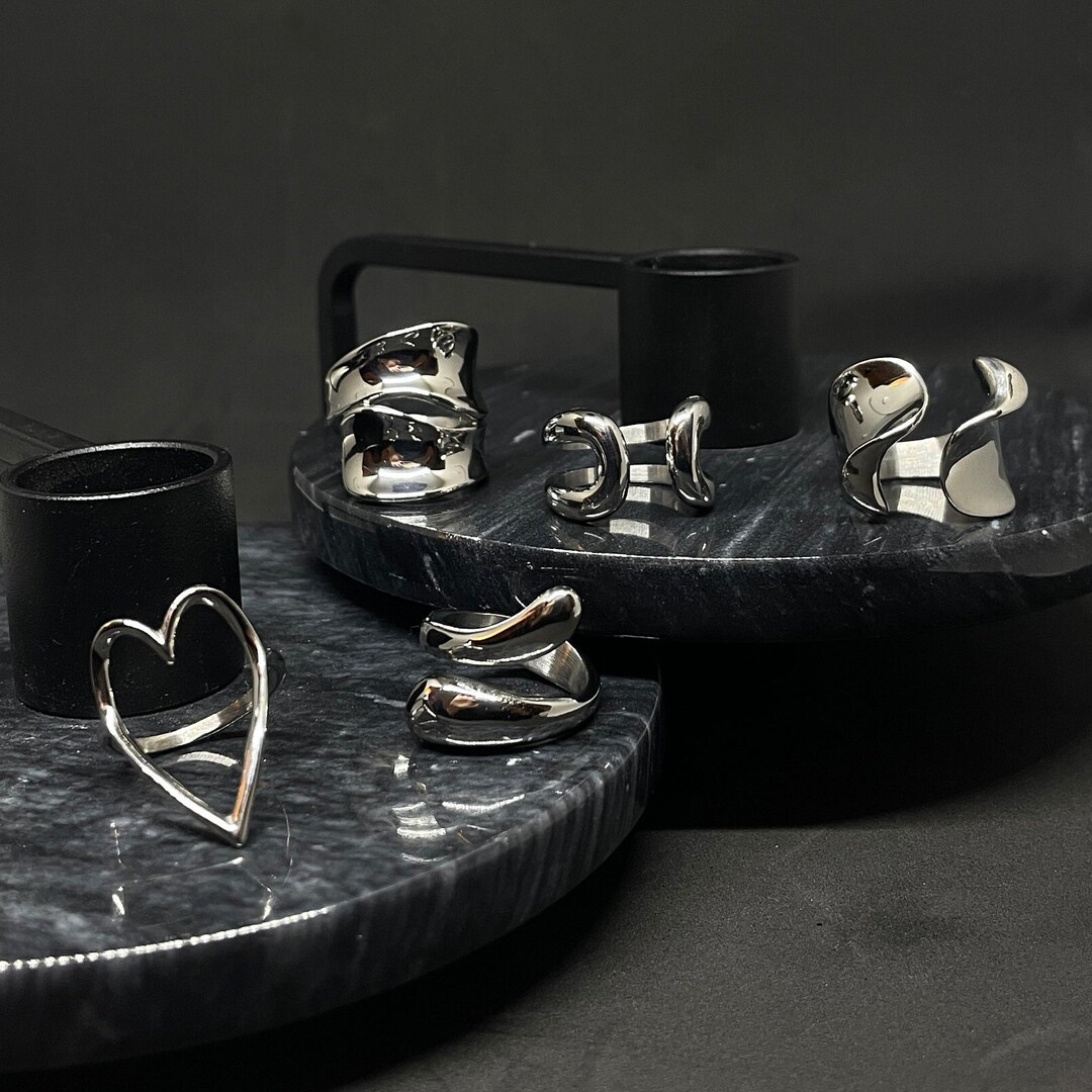 Chunky Statement Rings, Y2K Big Rings, Silver Abstract Rings, Heart ...