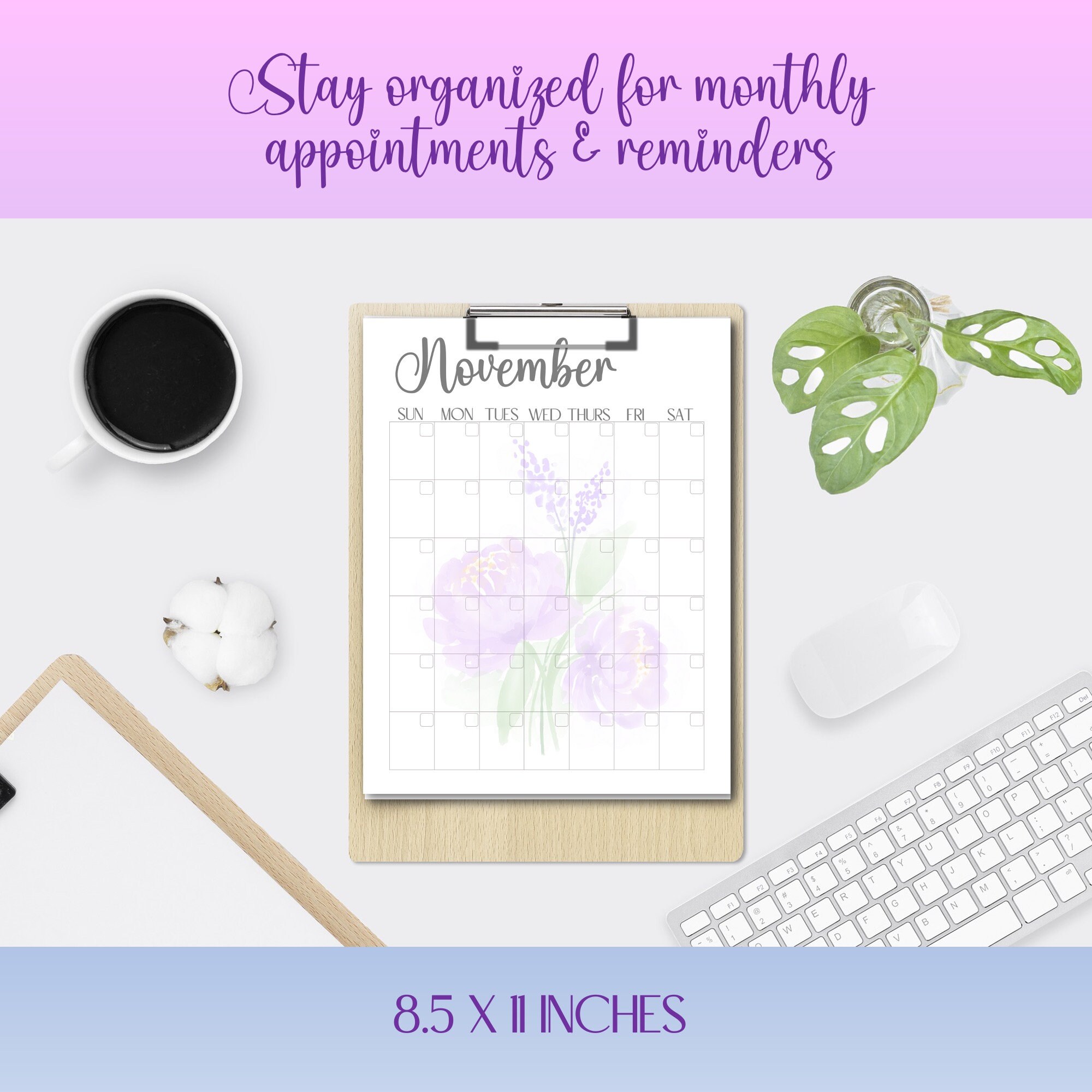 Blank Monthly Printable Calendar, Plain and Floral Versions, 8.5x11 ...