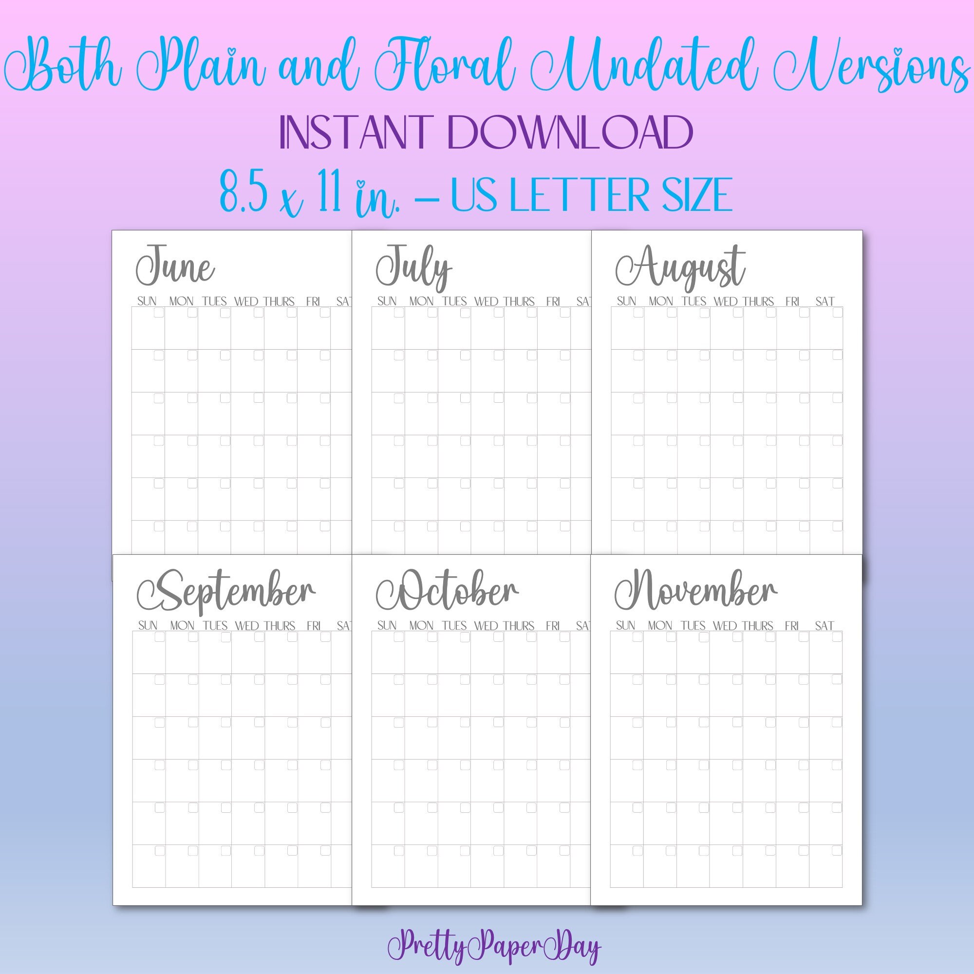Blank Monthly Printable Calendar, Plain and Floral Versions, 8.5x11 ...