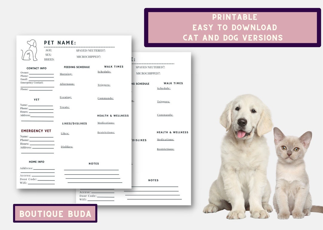 Printable Pet Sitter Instructions Template |pet Care Sheet | Pet ...