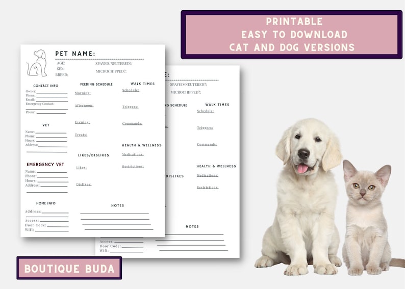 Printable Pet Sitter Instructions Template |pet Care Sheet | Pet ...