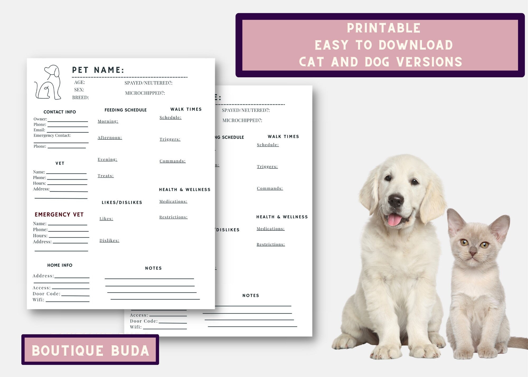 Printable Pet Sitter Instructions Template |pet Care Sheet | Pet ...