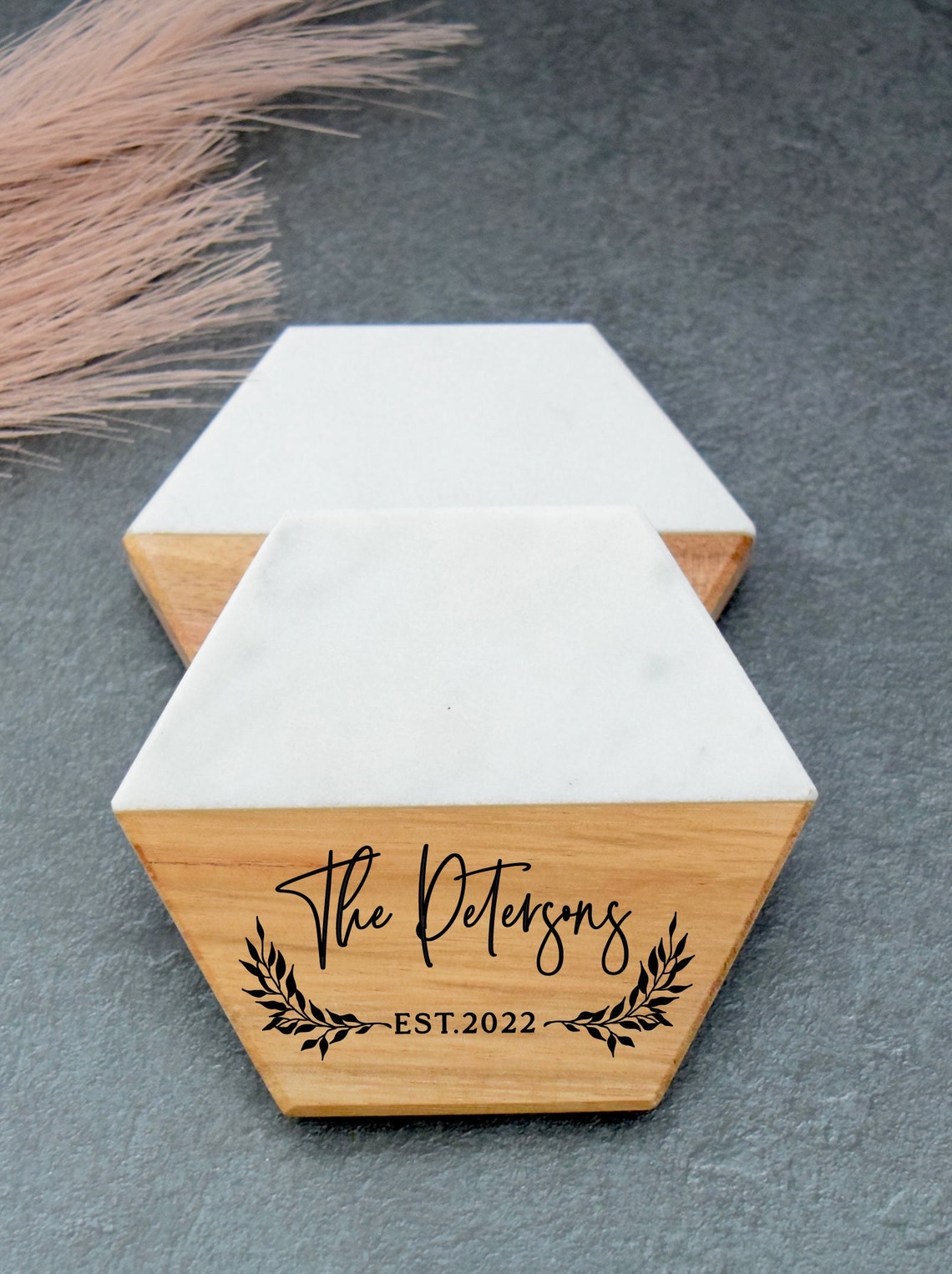 Custom Round Marble Wooden Coaster Personalized Wedding Gifts Monogram ...