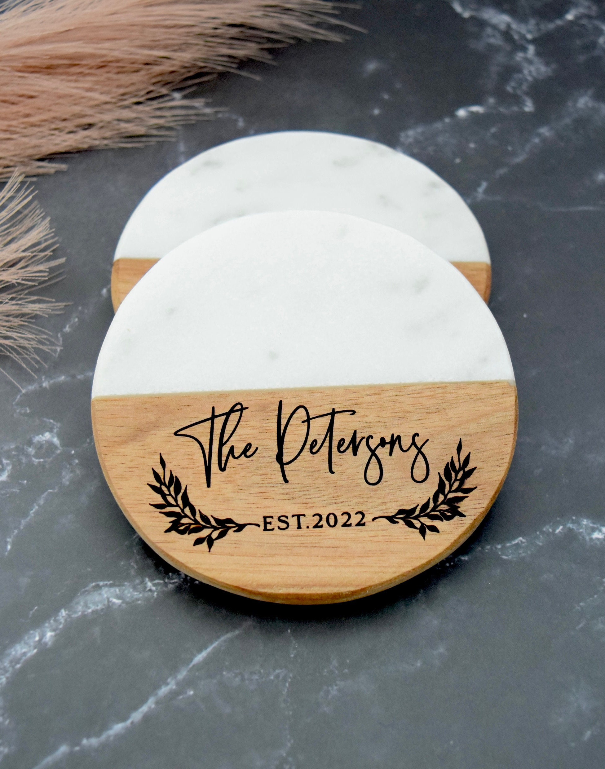 Custom Round Marble Wooden Coaster Personalized Wedding Gifts Monogram ...