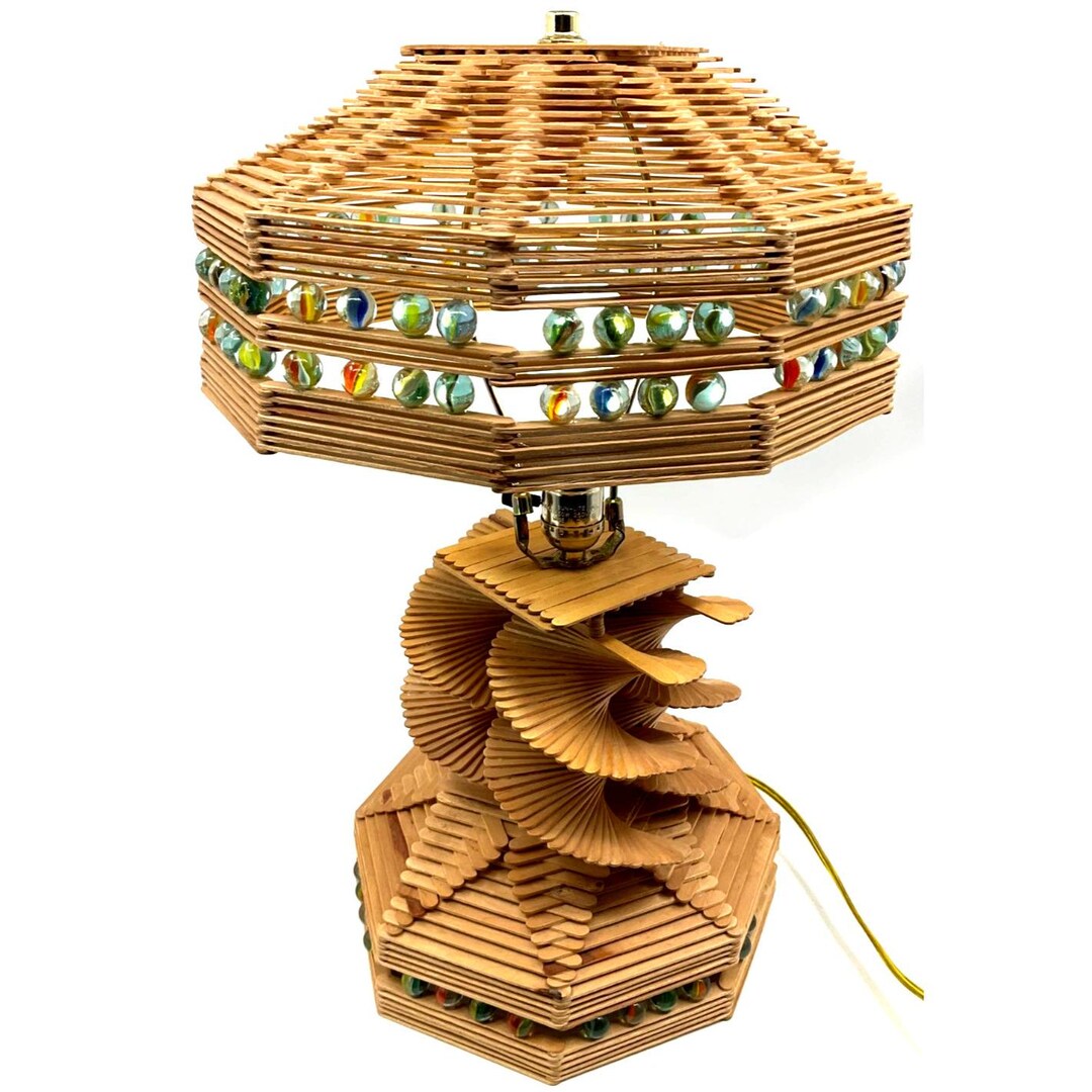 MCM Tramp Popsicle Stick Lamp W/ Glass Marbles Folk Art Retro Wood ...