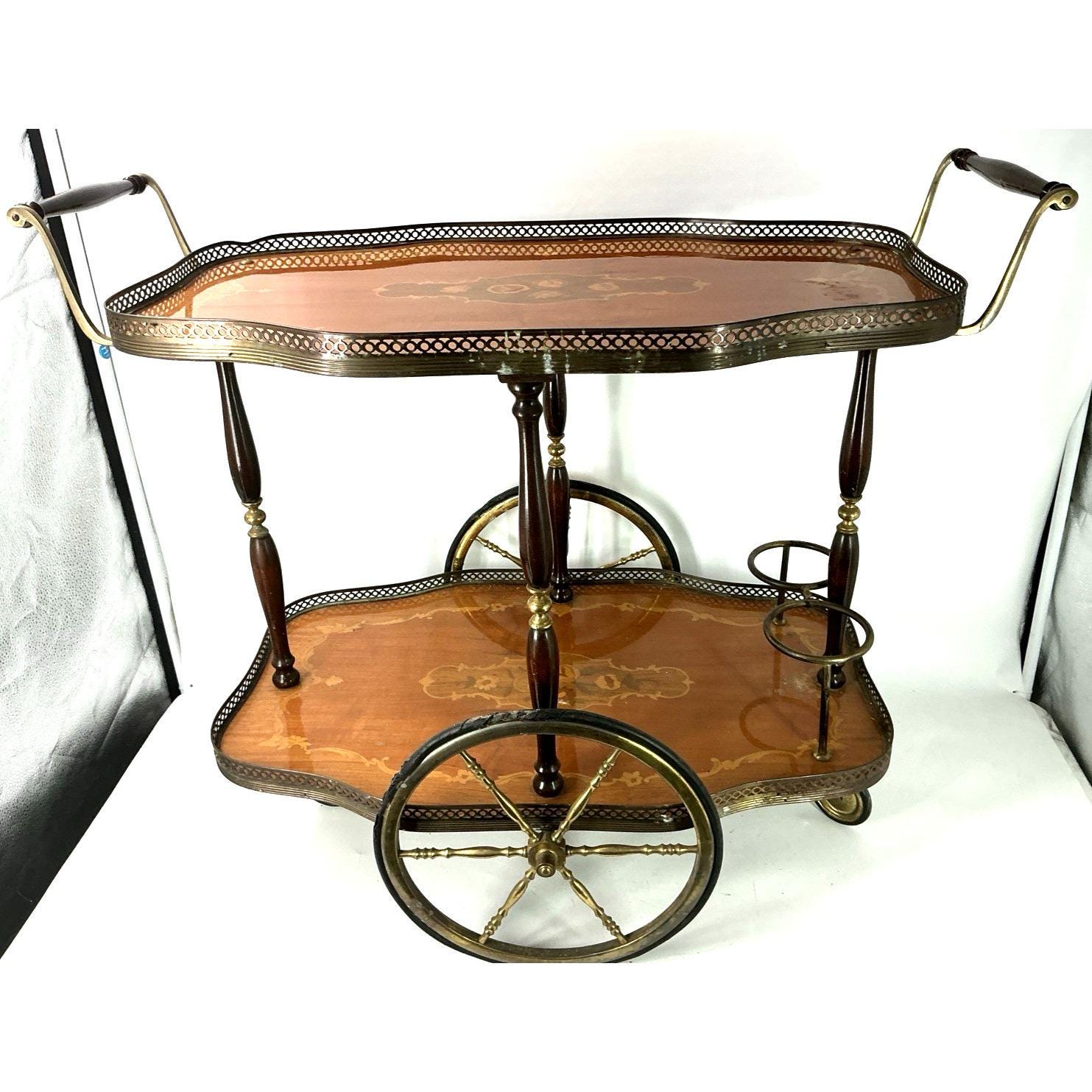 MCM Italian Marquetry Bar Cart Brass & Wood Tea Trolley Hollywood ...