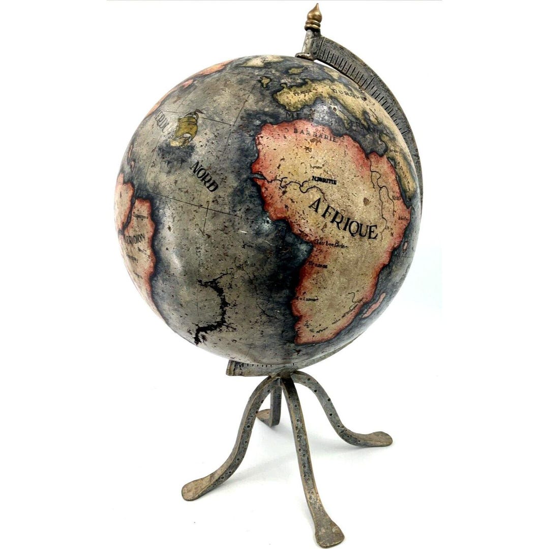 Travertine World Globe Cast Iron Stand French Hand Lettering Hand ...