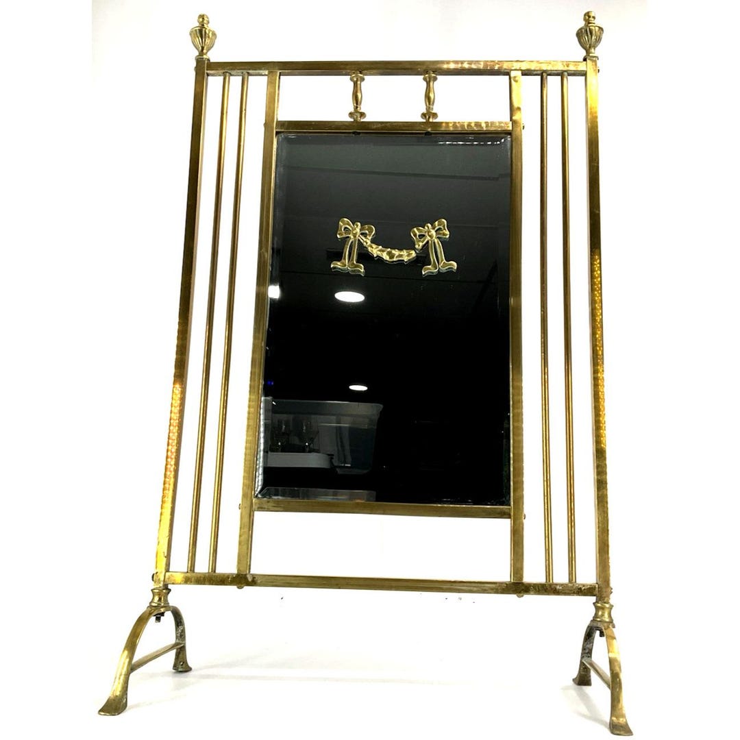 Tall Art Nouveau Brass Mirror Fire Screen Bow Footed Hollywood Regency ...