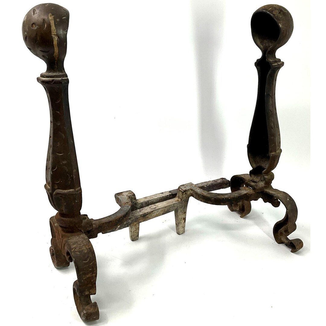 Vintage Cast Iron Cannonball Style Andirons Original Finish Nice Patina ...