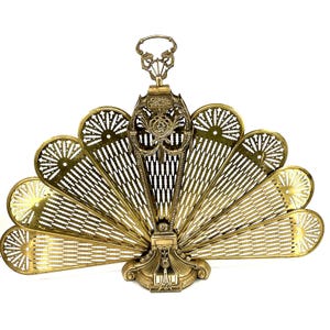 MCM Brass Art Deco Victorian Folding Peacock Fan Fireplace Screen RARE ...