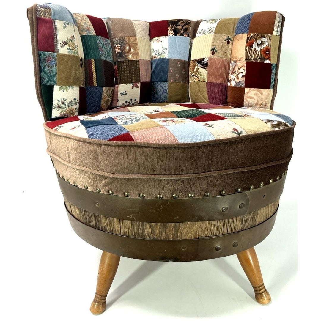 Whiskey Barrel Oak Chair Swivel Quilted Patchwork HEAVY Arms HOMEMADE ...