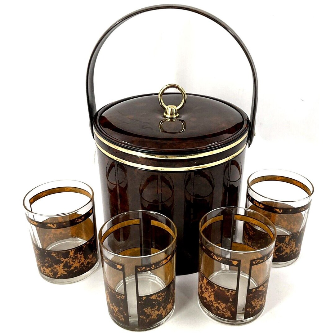 Mid Century Georges Briard Tortiose Shell Ice Bucket W/ 4 Double Old ...