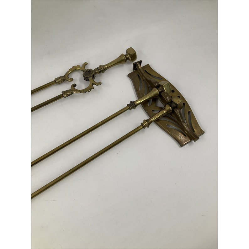 Vintage Solid Brass 4 Piece Fireplace Tool Set W/ Wall Mount Bronze ...