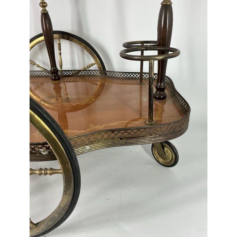 MCM Italian Marquetry Bar Cart Brass & Wood Tea Trolley Hollywood ...