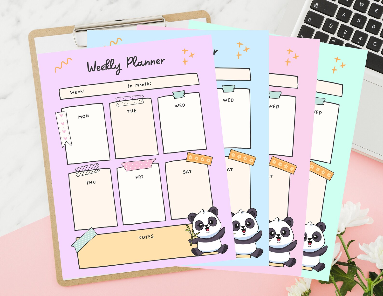 Cute Weekly Planner Printable, Panda Theme Printable Planner, 4 Colors ...