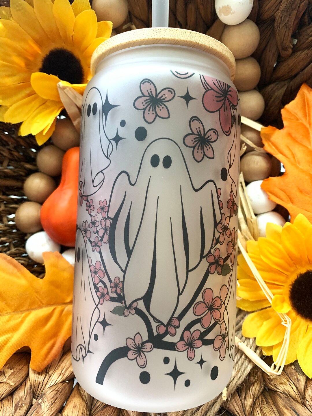 16oz Halloween Ghost Frosted Glass Can Floral Ghost 16oz - Etsy