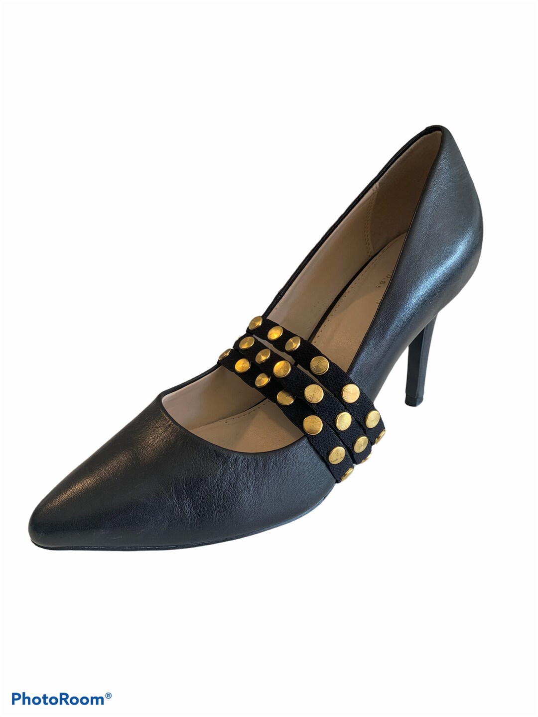 DETACHABLE SHOE STRAP 3 Rows of Gold Studs on Black Elastic for Loose ...