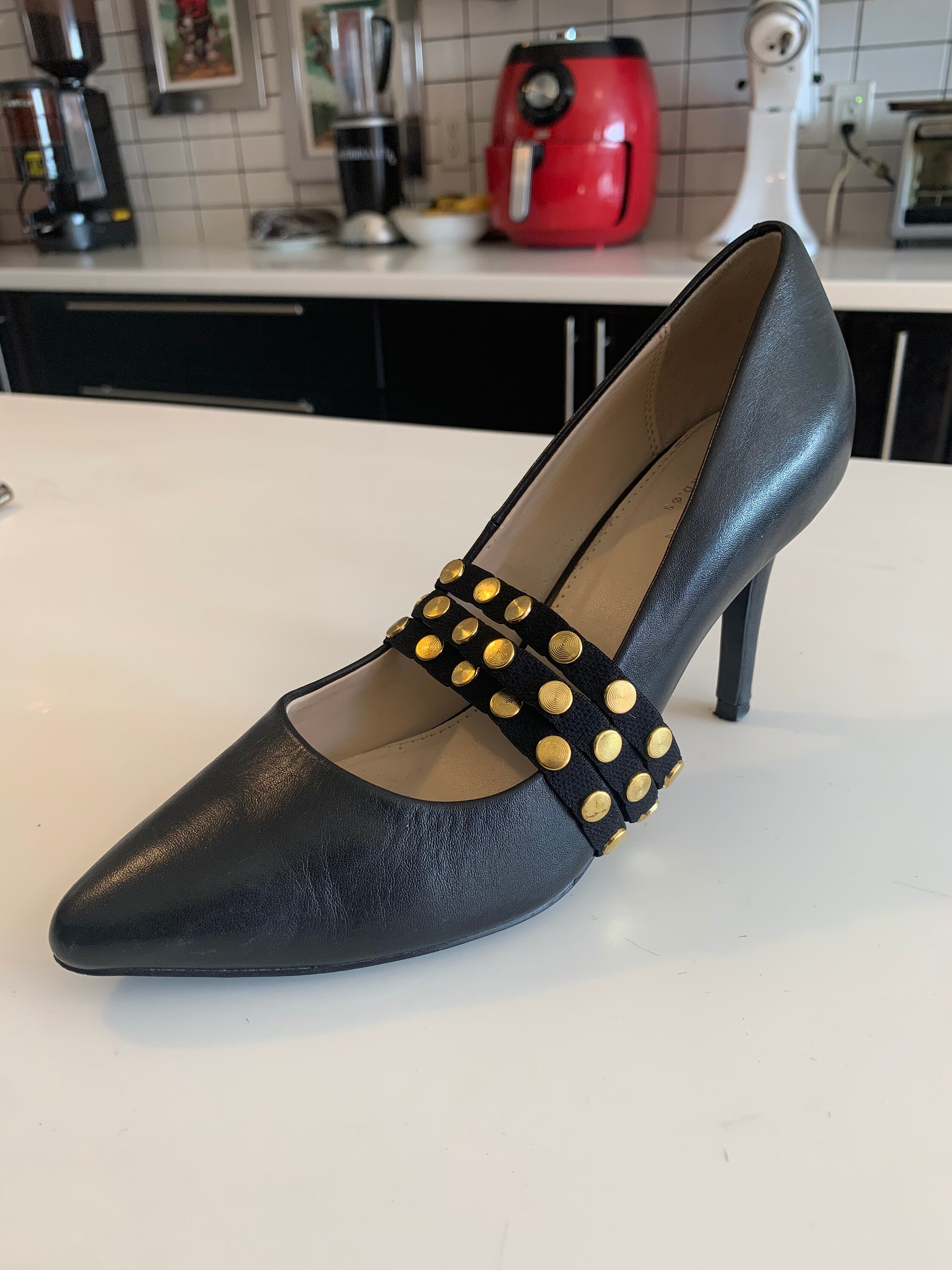 DETACHABLE SHOE STRAP 3 Rows of Gold Studs on Black Elastic for Loose ...