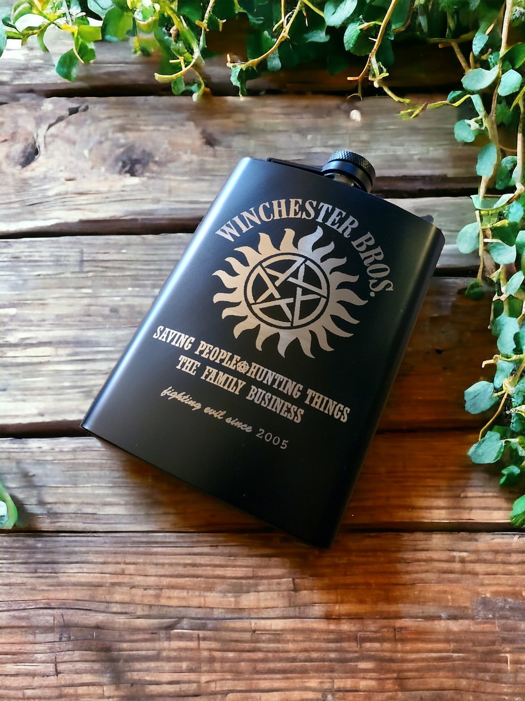 Winchester Bros Engraved Flask: Supernatural Inspired Matte Black ...