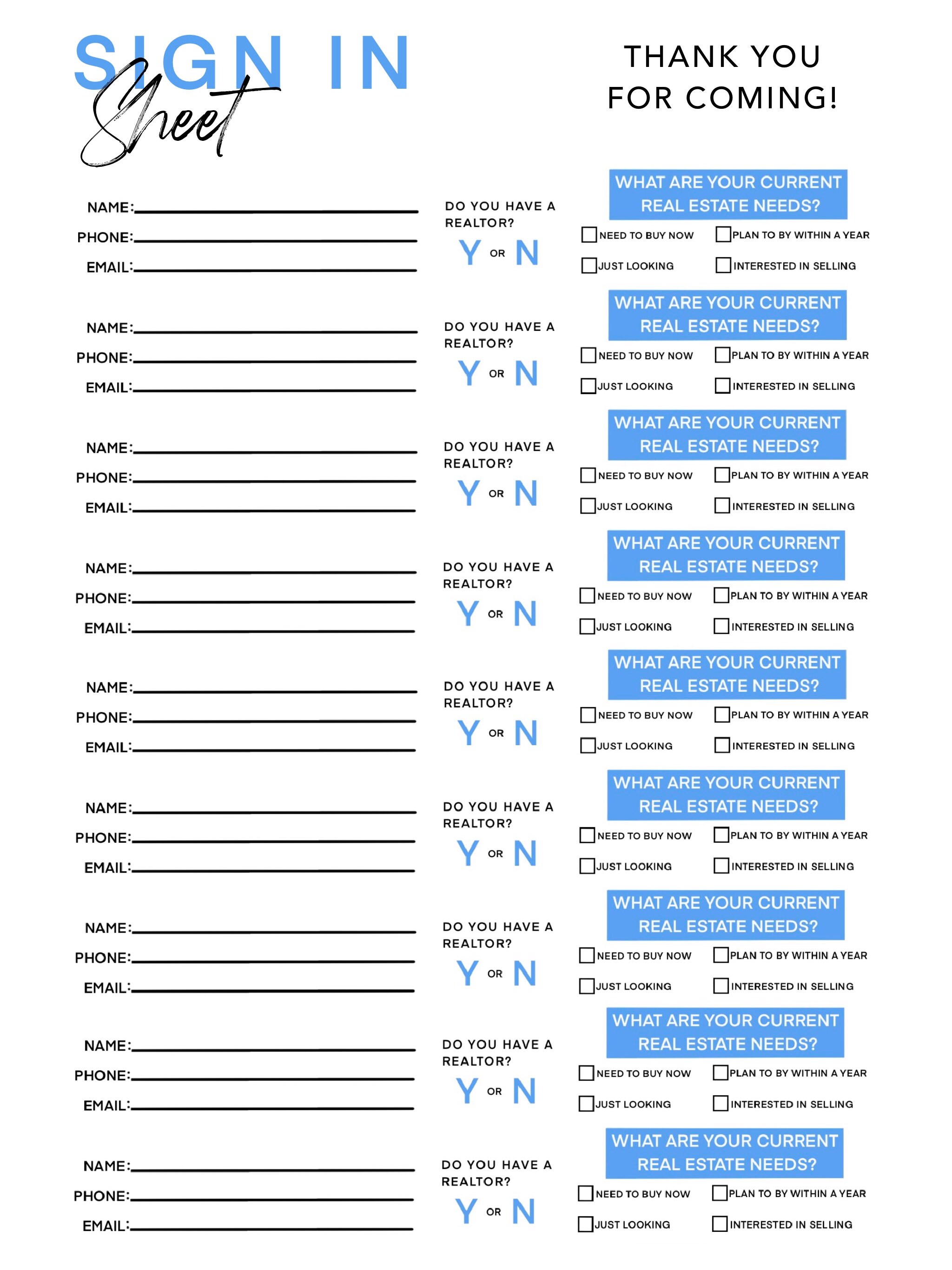 Real Estate Open House Sign in Sheets Printable - Etsy