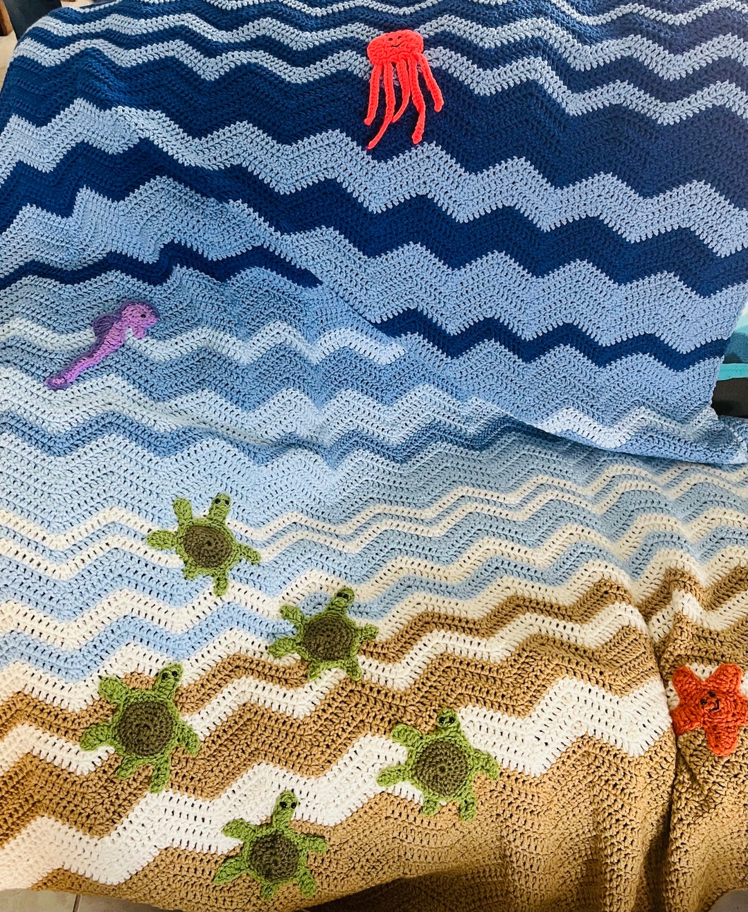 Sea Turtle Ripple Pattern Crochet Afghan 50 X 64 - Etsy