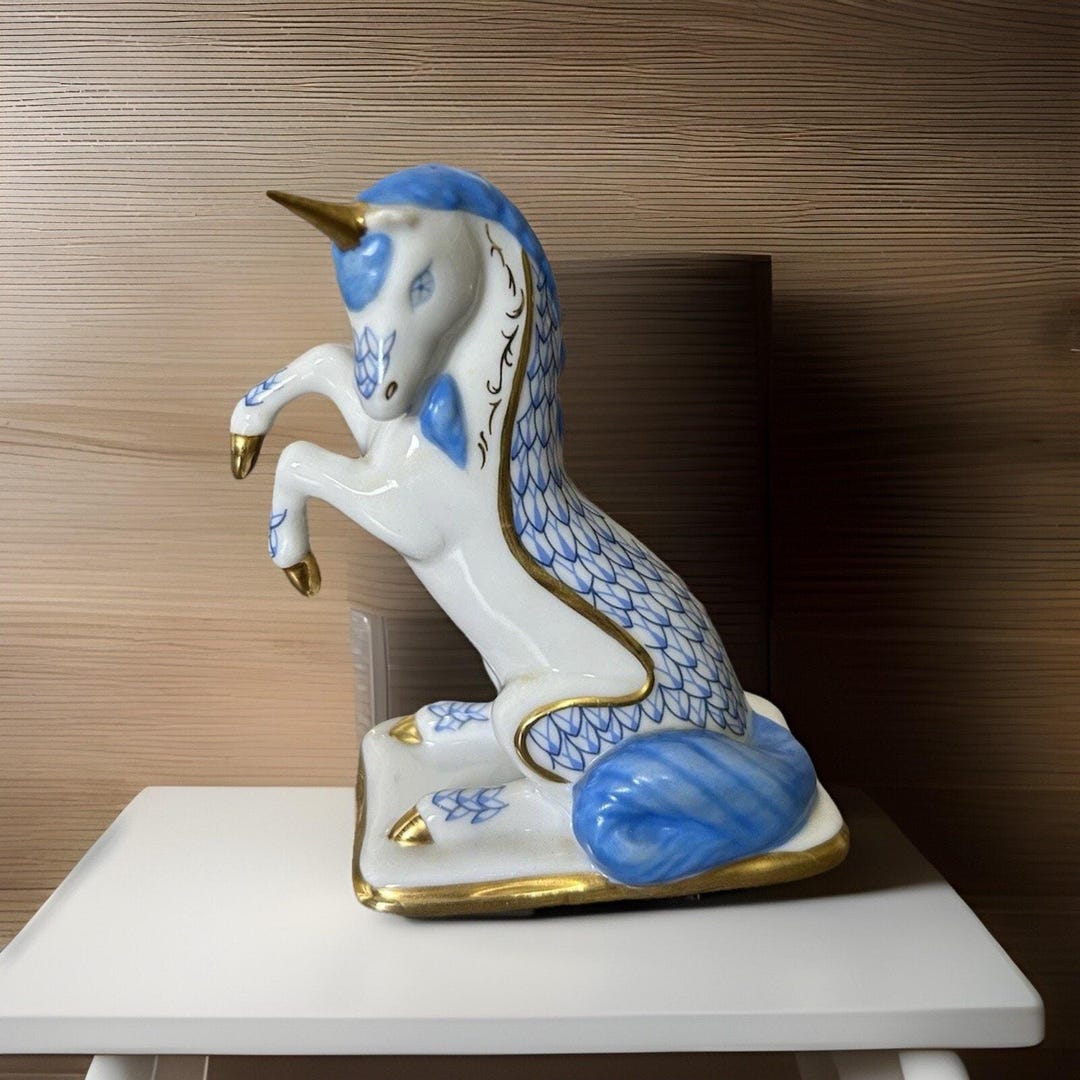 Vintage Franklin Mint Unicorn Figurine: Blue & White Porcelain ...