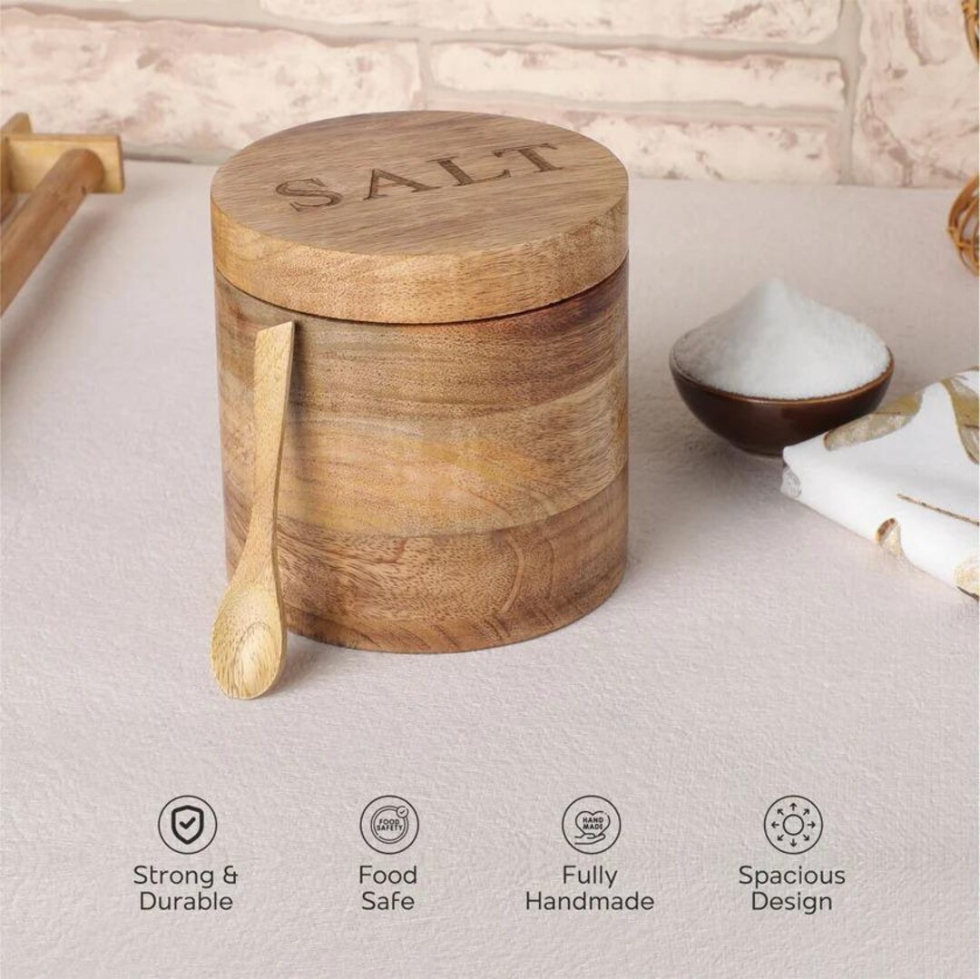 Handmade Wooden Salt Box With Lid and Spoon, Boho Kitchen Decor - Etsy