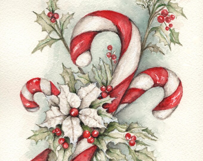 Christmas~merry Christmas -holiday Decor 6x8 Original Watercolor Candy ...