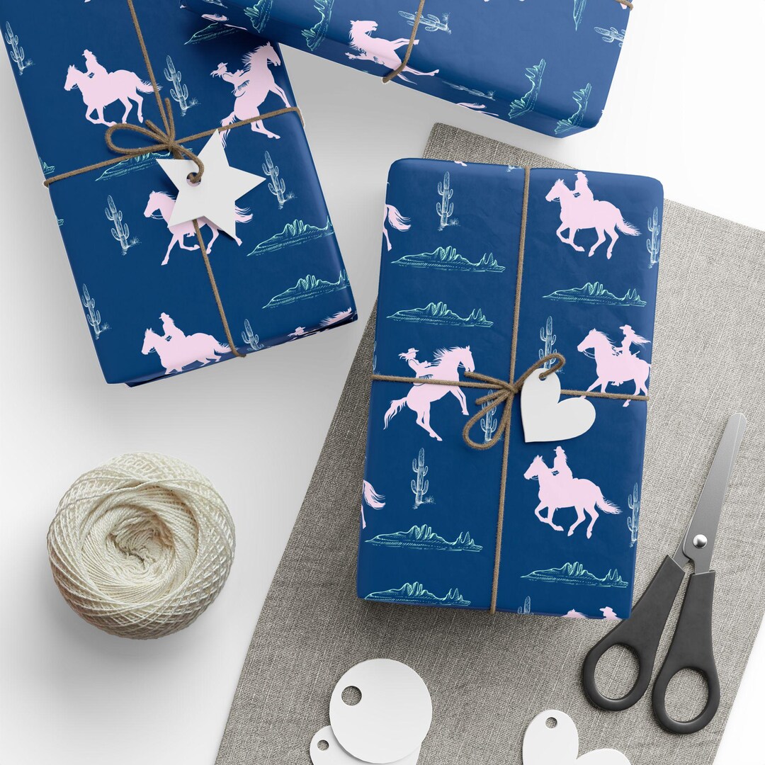 Navy Cowgirls and Cacti Wrapping Papers, Western Gift Wrap, Rodeo ...