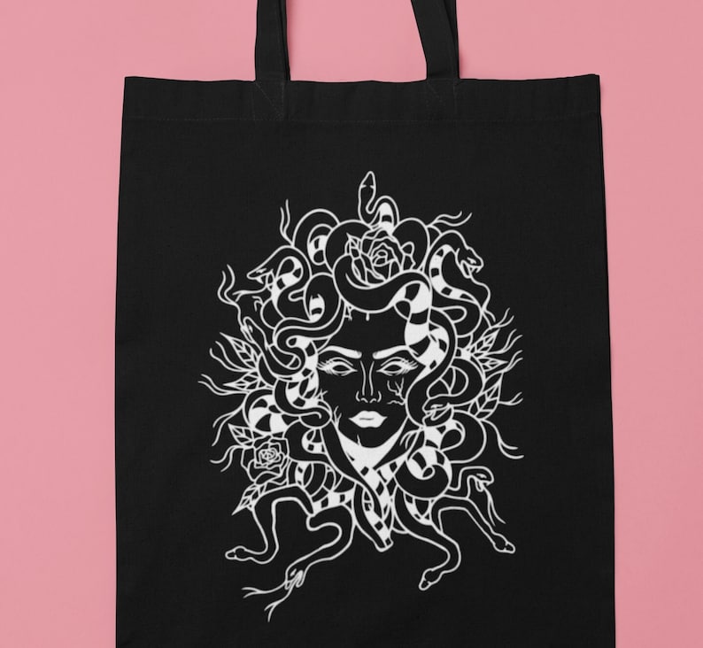 Medusa Tote Bag, Natural or Black, Greek Mythology, Snakes, Goddess ...