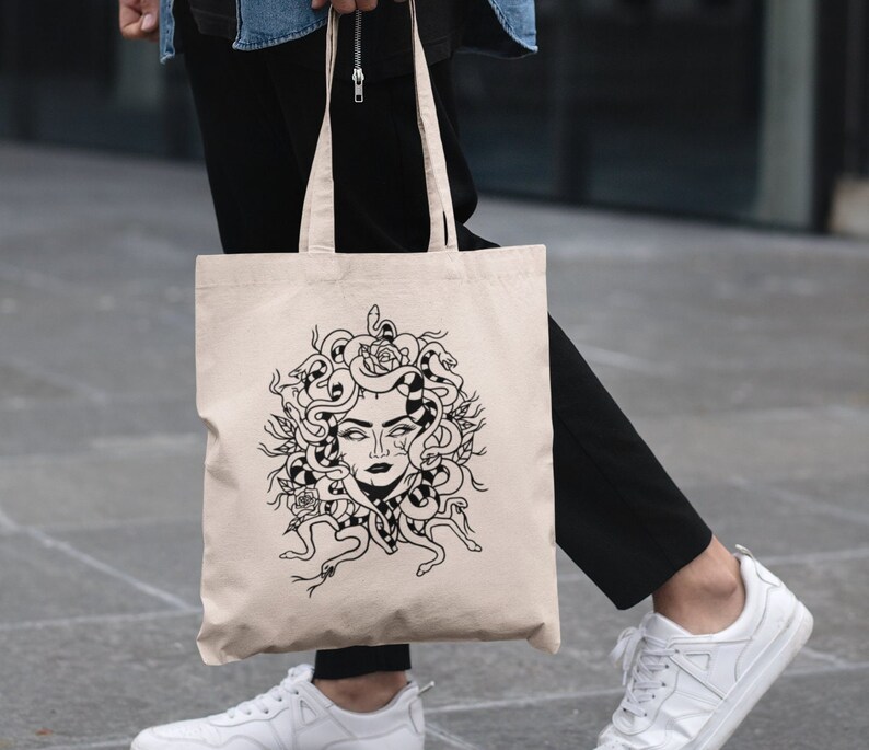 Medusa Tote Bag, Natural or Black, Greek Mythology, Snakes, Goddess ...