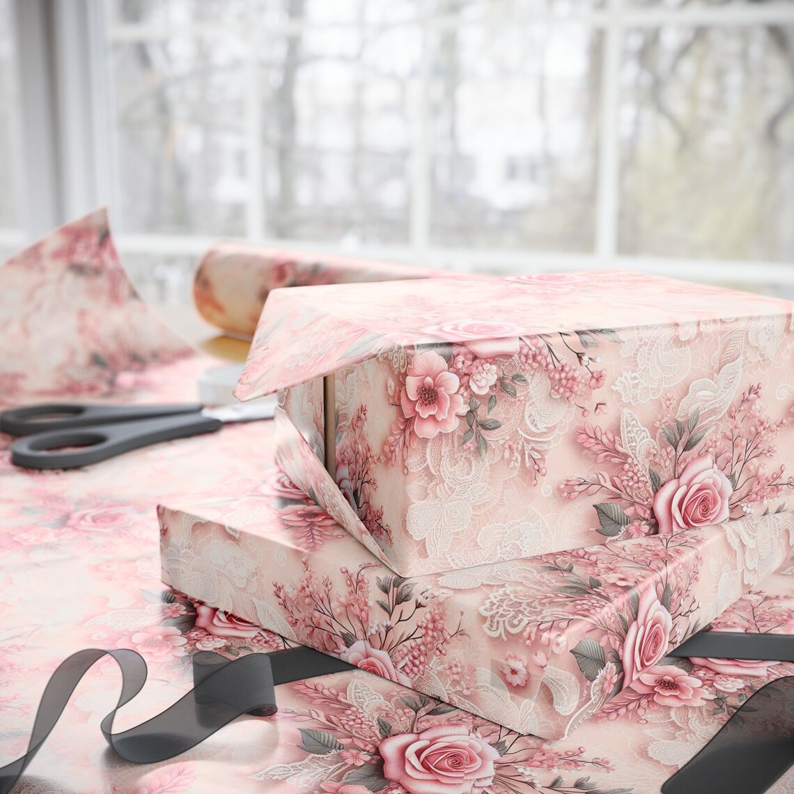 Rose Lace Style Gift Wrap, Romantic Pink Design, Wedding, Anniversary ...
