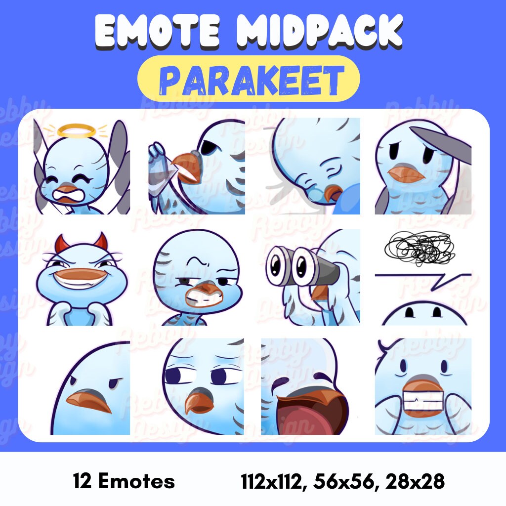 Parakeet Twitch Emote Midpack |12 Cute Kawaii Chibi | Bit Badges ...