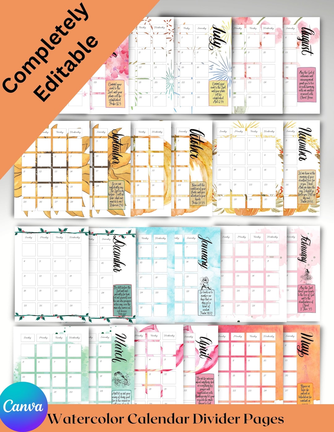 Undated Monthly Calendar Watercolor - Etsy