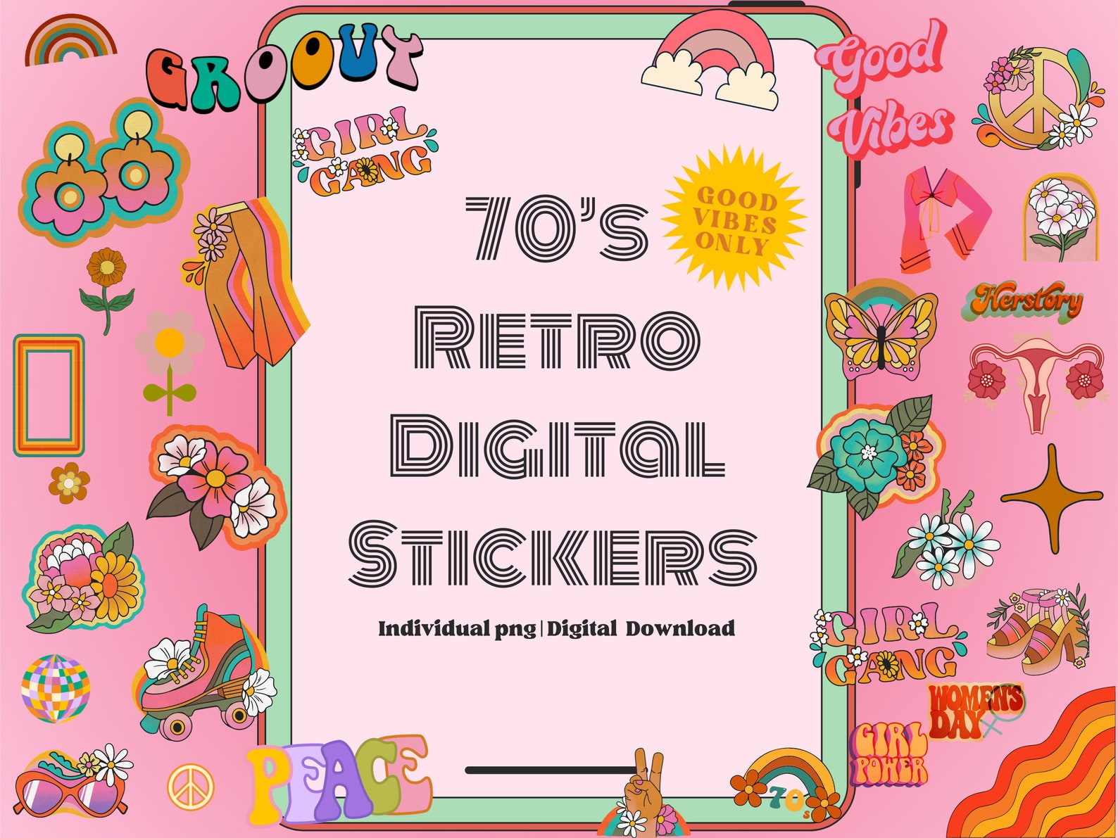 70s Retro Goodnotes Planner Stickers | Bright Retro Aesthetic Digital ...
