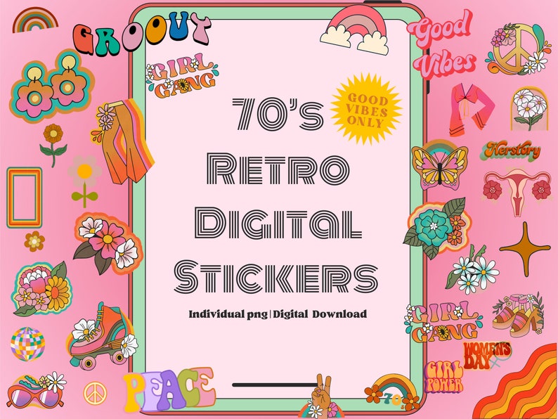 70s Retro Goodnotes Planner Stickers | Bright Retro Aesthetic Digital ...