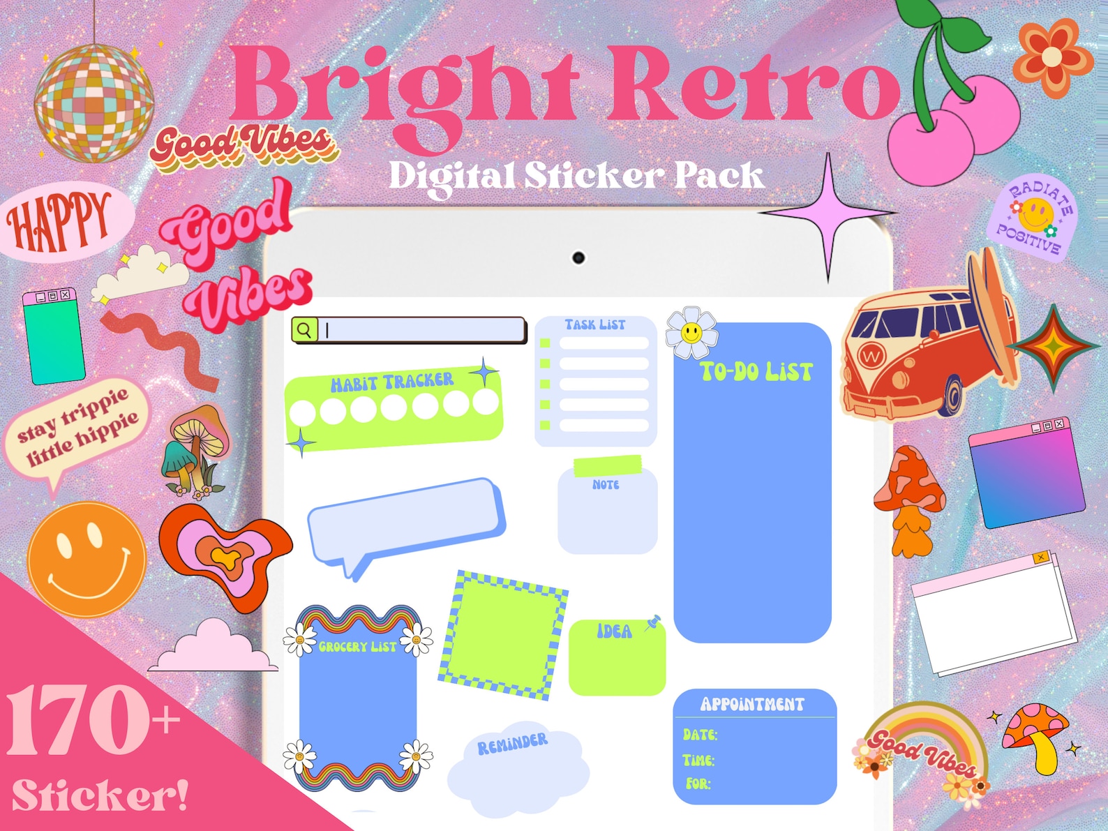 Bright Retro Aesthetic Goodnotes Stickers, Goodnotes Stickers, Bright ...