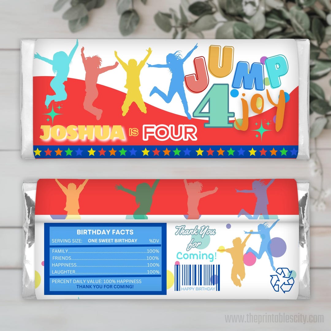 Jump 4 Joy Editable Chocolate Bar Wrapper, Kids Birthday Party Favor ...