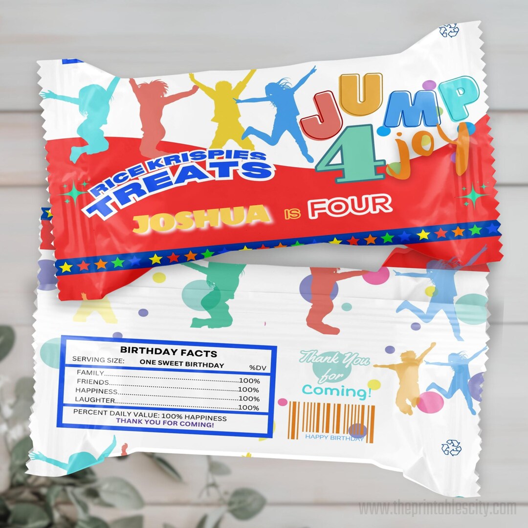 Jump 4 Joy Rice Krispies Wrapper Editable Party Favor for Kids Birthday ...
