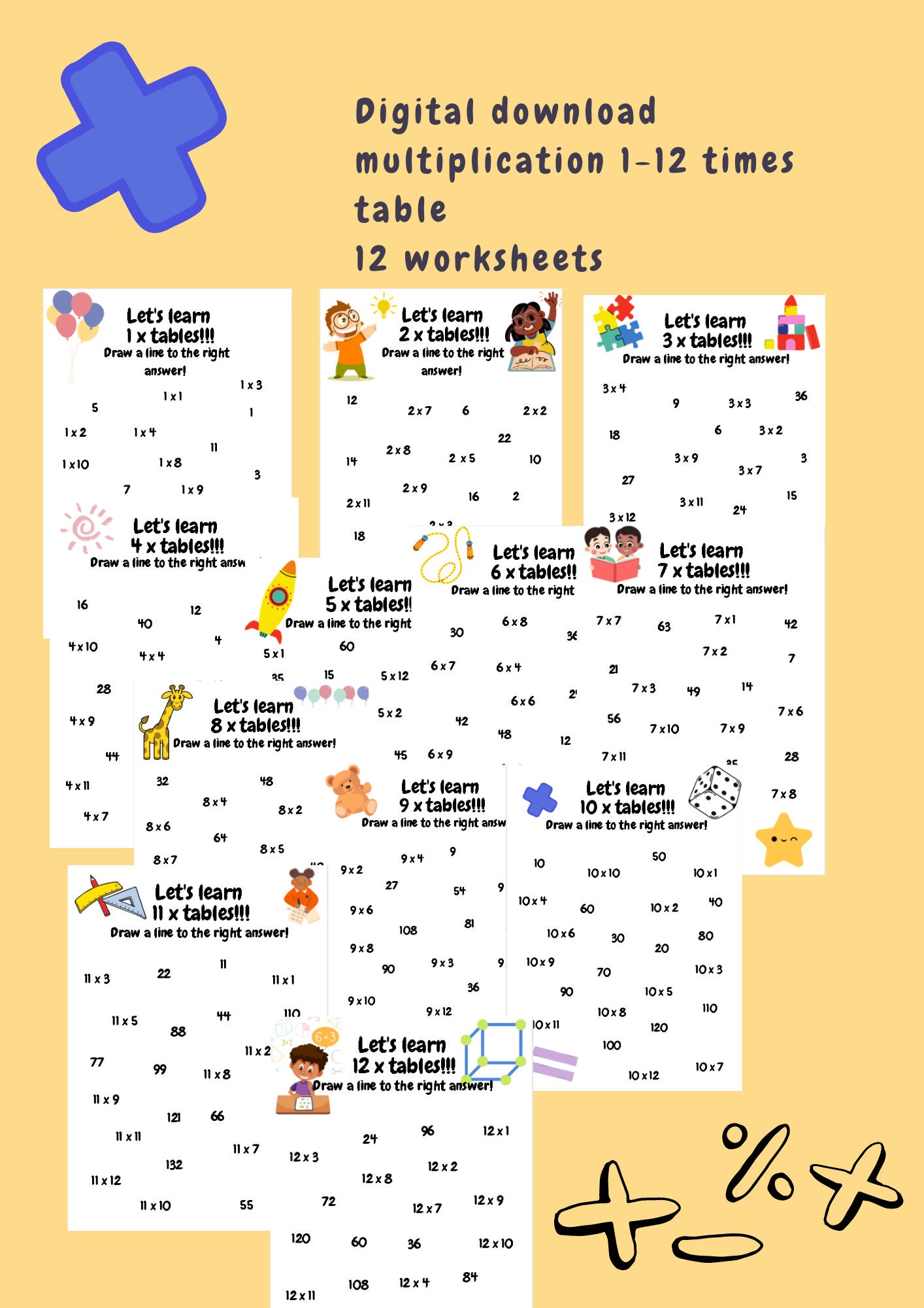 12 Mathematics Timetables Worksheet Printable Fun Instant - Etsy