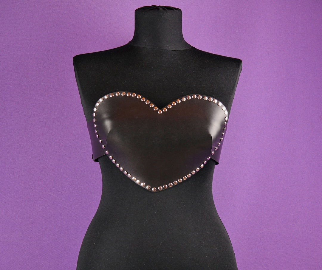Heart Leather Top Leather Crop Top Heart Leather Goth Top Harness Bra ...