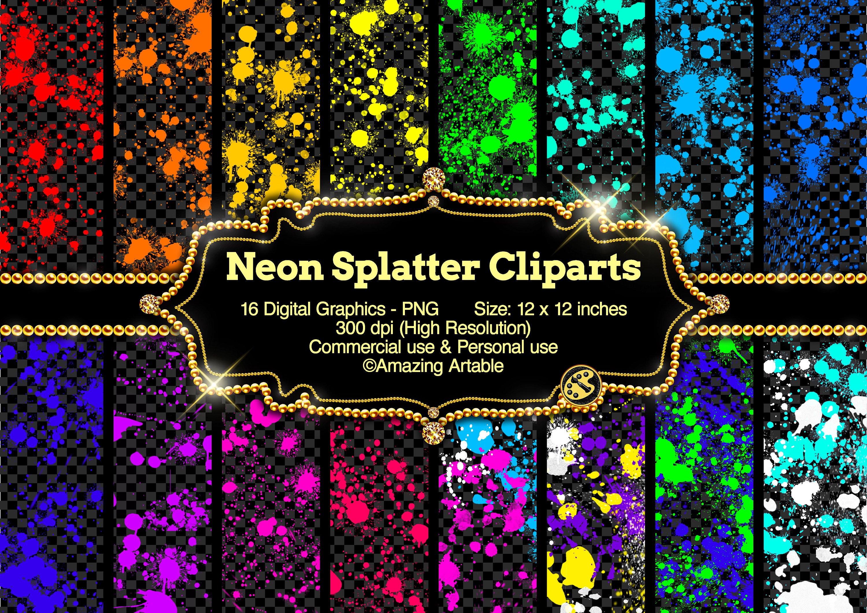 Neon Paint Splatter Clipart: Red and Black Paintball Splatter Rainbow ...